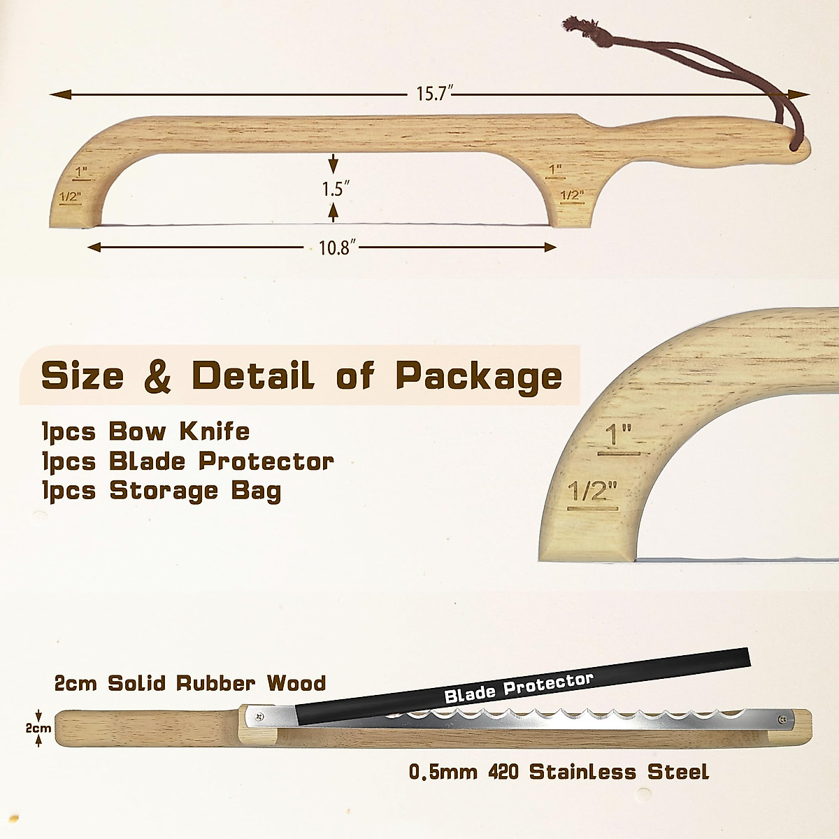 Arflo Wooden Bread Bow Knife - 16" Bread Bowl Knife - 420 Premium Stainless Steel Bread Saw with Protective Cover - Bread Knife for Homemade Bread - Sourdough Bread Knife