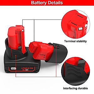 WORTHMAH Replacement for Milwaukee M12 Lithium-ion Battery 2 Packs 6.0Ah and 3.0Ah, for 48-11-2460 48-11-2440 Compatible with Milwaukee 12 Volt Cordless Tools