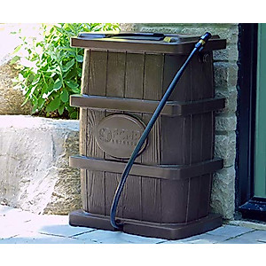 FCMP Outdoor Wood Grain 45-Gallon Rain Barrel - Water Rain Catcher Barrel with Flat Back for Watering Outdoor Plants, Gardens, and Landscapes, Brown