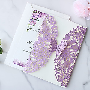 Hosmsua 5.1x7.3'' 50PCS Purple Glitter Quinceanera Invitation Kit Laser Cut Flora Butterfly Invitation Cards Pocket with Envelopes for Bridal Shower Sweet 16 Wedding Invitation (Purple Glitter)