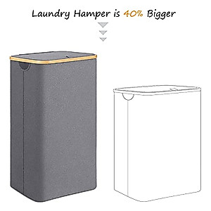 BRIAN & DANY Laundry Basket with Lid, Large Collapsible Laundry Baskets with Bamboo Handles, Laundry Hamper with Removable Bag Liner for Bathroom and Bedroom - Grey