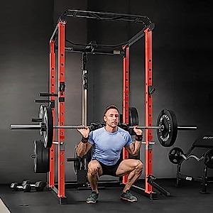 RitFit Power Cage with LAT Pull Down and 360° Landmine, 1000LB Capacity Power Rack Full Home Gym for Weightlifting, Come with J-Cups,Dip Bars and Other Attachments (2023 Version PPC02)-Orange