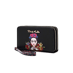 Frida Kahlo Cartoon Two Zip Around Wallet with Wristlet (Black/Black)