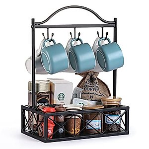 ABATIA Coffee Mug Holder, Portable Coffee Pod Spice Rack, Mug Tree Coffee Cup Holder with Fruit Basket, Home Storage Mug Hooks, Black