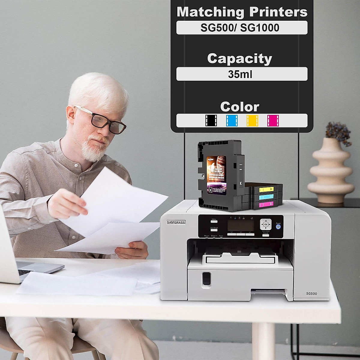 Spaceink SG500 SG1000 Sublimation Ink Cartridges for SAWGRASS Virtuoso SG500 SG1000 Printers - Upgraded Firmware 3.03 - (1*Black, 1*Cyan, 1*Magenta, 1*Yellow)