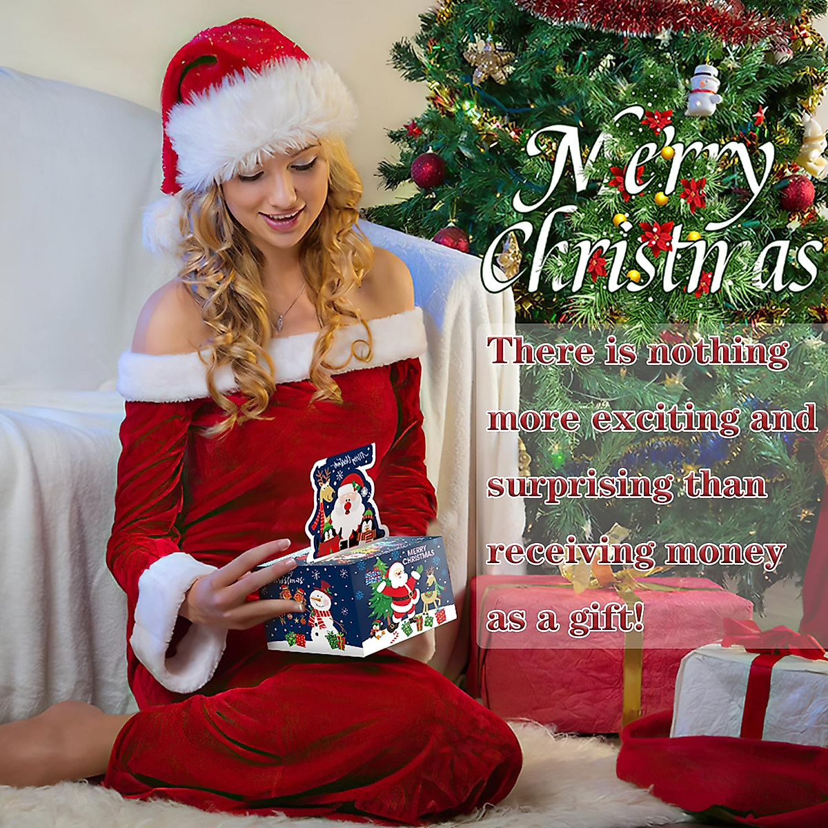 Christmas Money Box for Cash Gift Pull, Money Holder Cash Gift for Kids Adults, DIY Fun Holiday Cash Box, Surprise Gift Box for Parents, Lovers and Friends, Includes 50Pcs Transparent Bags (Blue)