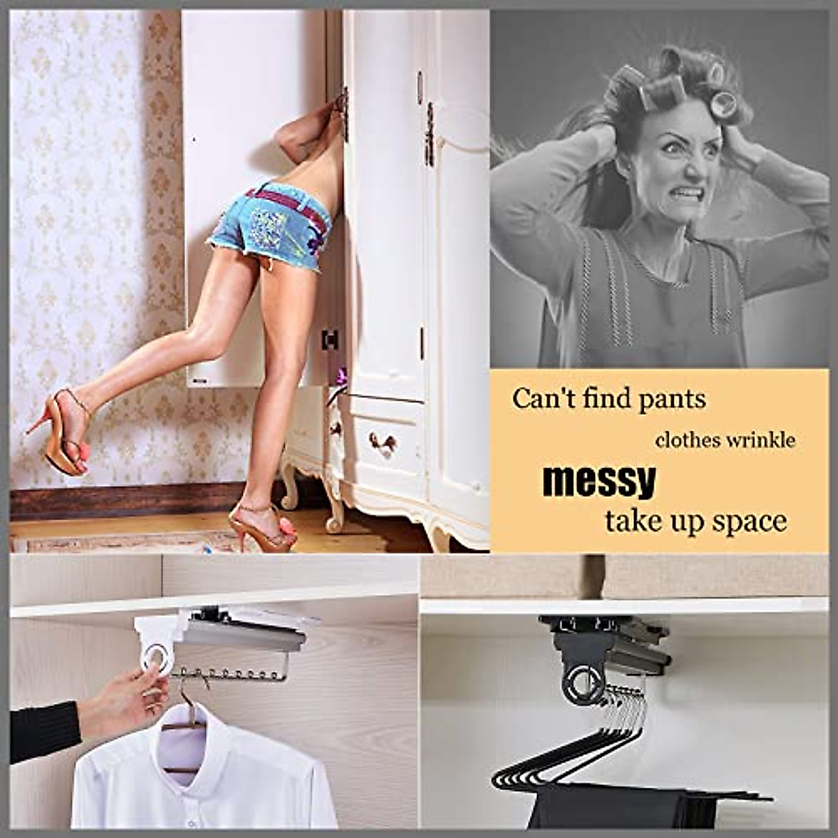 Heavy Duty Retractable Closet Pull Out Rod,Extendable Valet Rod Clothing,Ball Bearing Rail Slide Pull-Out,Hanging Rod for Closet Storage, Laundry Room,5 Pcs Pants Rack