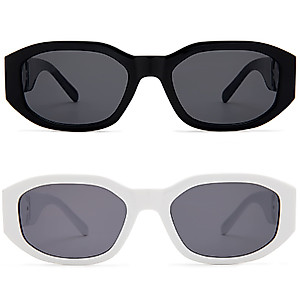 Hycredi Rectangle Sunglasses for Women Men Retro Driving Glasses 90’s Vintage Fashion Irregular Frame UV400 Protection (Black/Grey +White/Grey)