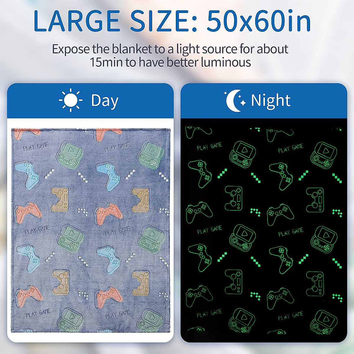 Glow in The Dark Gaming Blanket,Gamer Game Controller Gifts for Boys,Gift Toys for Kids Boys Teen Son Adult Gamepad Presents,Soft Blanket Gifts for Boys for Birthday Christmas Easter Gifts, 50"x60"