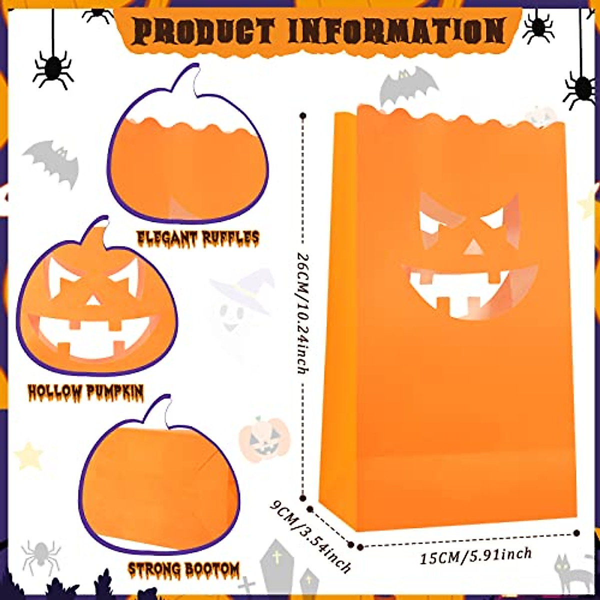 Halloween Luminary Bags Pumpkin Flame Resistant Candle Bag Paper Jack-o'-Lantern Lantern Bags with 3 Silhouettes for Home Garden Wedding Birthday Halloween Theme Party Decoration Supplies (60 Pack)