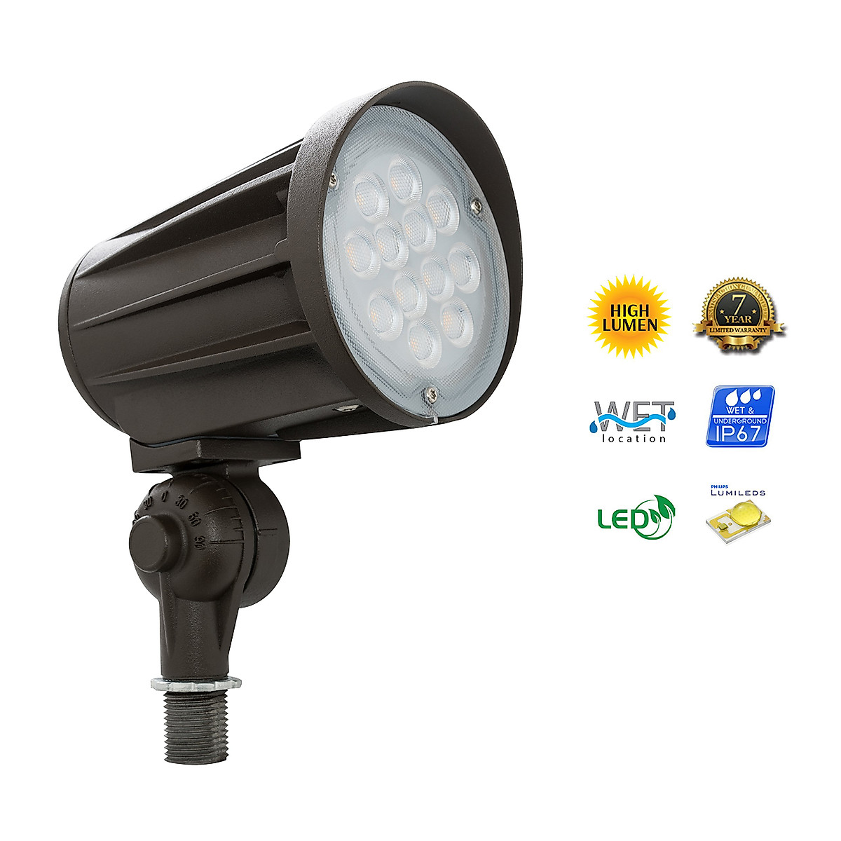 Westgate WG LED 12 Volt Outdoor Landscape Garden Bullet Flood Lights - Path Walkway Lawn Spotlights - Wire/Spike Accessories Included (24W 5000K Cool White Bronze)