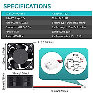 Wathai 40mm x 20mm 12V Dual Ball Bearing DC Brushless Cooling Fan for 12 Volt PSU Replacment, DIY Small Electronic Equipment Cooling