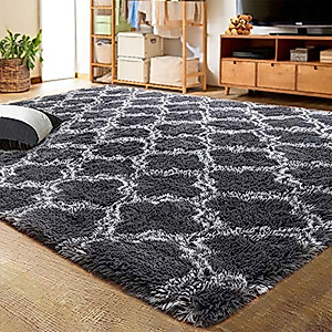 LOCHAS Luxury Shag Area Rug Modern Indoor Plush Fluffy Rugs, Extra Soft and Comfy Carpet, Geometric Moroccan Rugs for Bedroom Living Room Girls Kids Nursery, 5x8 Feet Dark Grey/White