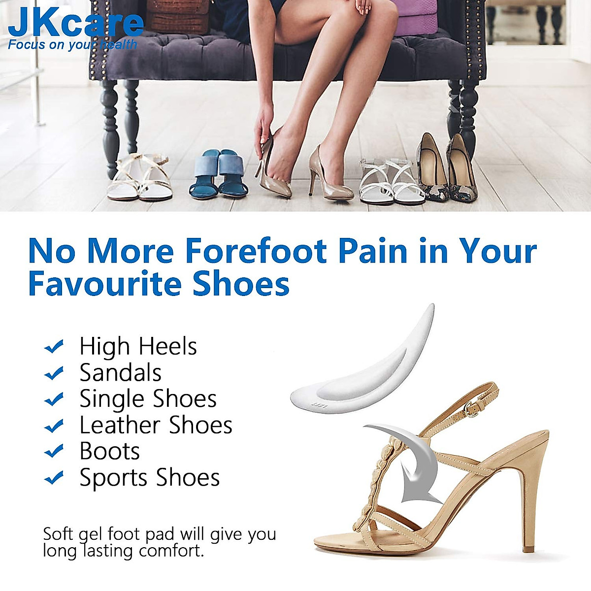 JKcare Gel Metatarsal Pads (Adhesive-Backed), Ball of Foot Cushions, Forefoot Support for Metatarsalgia, Morton’s Neuroma, Aching Feet Pain Relief- 6 Pack