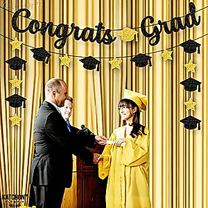 Congrats Grad Banner, Black Glitter - 10 Feet and Cap Garland, No DIY | Graduation Banner, College Graduation Decorations | Black and Gold Graduation Party Decorations 2023 | Congratulations Banner