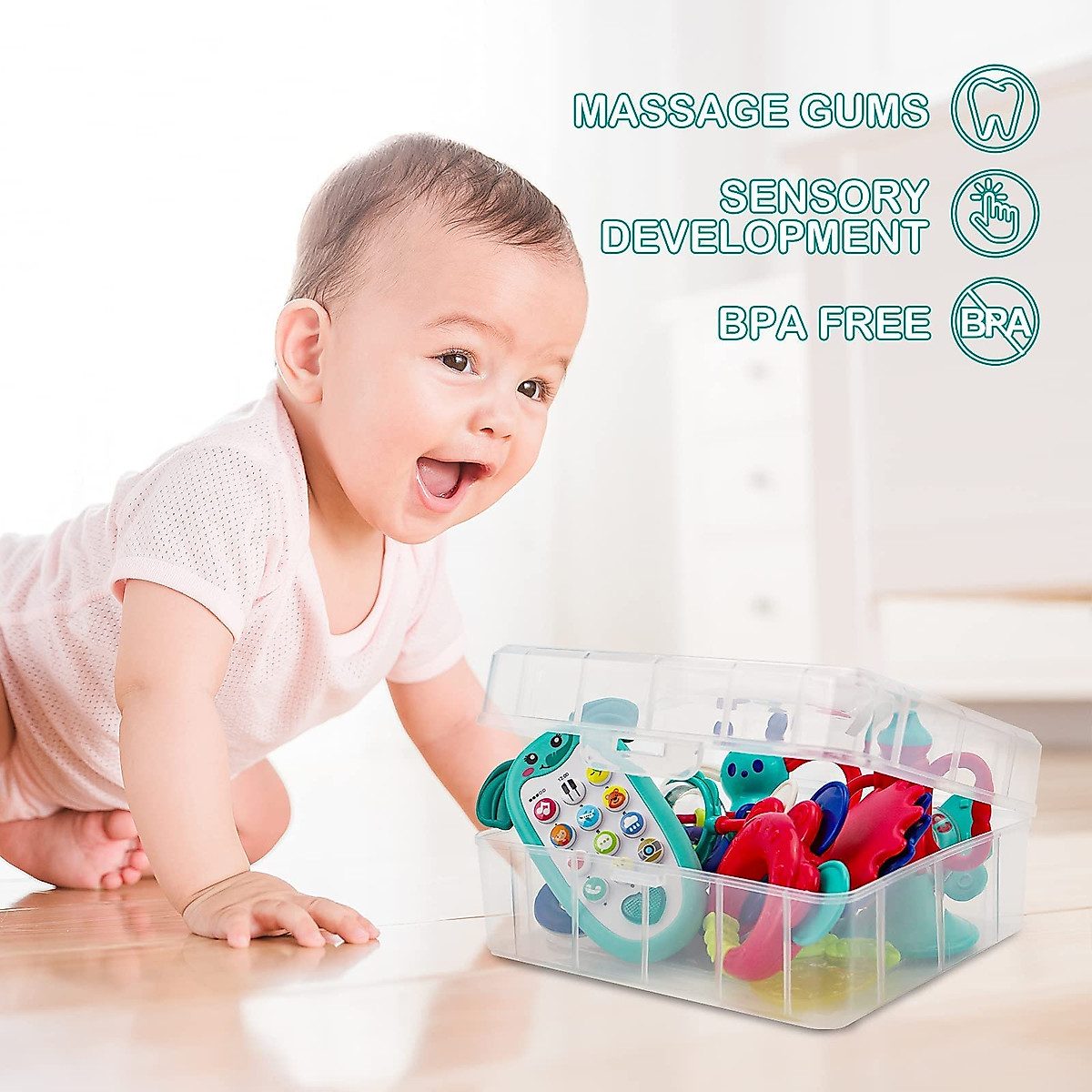 Baby Rattle Teether Toy Phone Set, 10PCS Infant Newborn Baby Toys 6 to 12 Months, Grab Spin Rattle Shaker with Storage Box, Infant Teething Toys for Toddlers Boys Girls