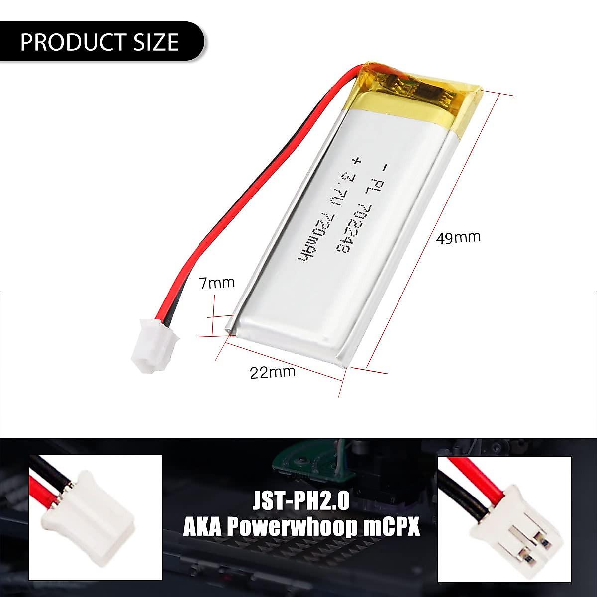 AKZYTUE 3.7V 720mAh 702248 Lipo battery Rechargeable Lithium Polymer ion Battery Pack with PH2.0mm JST Connector