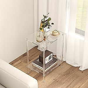 IRCPEN Acrylic Side Tables with 2 Shelve, End Table Set of 2, Nightstands for Tight Spaces, 2-Tier Tempered Glass Bedside Table for Office, Bedroom, Living Room, Study, Outdoor (2, Transparent)