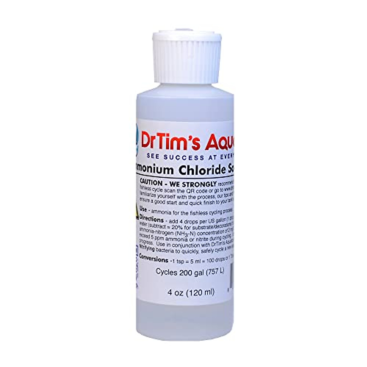 DrTim’s Aquatics Ammonium Chloride Solution for Fishless Cycling - 4 oz, Treats 200 gal. –  Fish Tank Cleaner for Saltwater, Freshwater & Reef Aquariums
