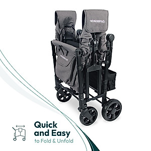 WONDERFOLD W4 Elite Quad Stroller Wagon Featuring 4 Seats with 5-Point Harnesses, Adjustable Push Handle, and Removable UV-Protection Canopy, Charcoal Gray