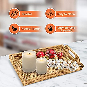 Hand Woven Rattan Serving Tray - Durable, Lightweight 17 Inches Rattan Basket Trays with Handles - Rectangular Basket Organizer Tray for Coffee Table - Can be Used for Snacks, Drinks and Decor