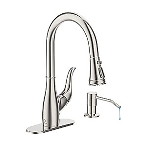 Casavilla Kitchen Faucet with Soap Dispenser, Faucet for Kitchen Sink, Single Handle Stainless Steel Kitchen Sink Faucets with Pull Down Sprayer and Deck Plate, RV Sink Faucet, Nickel Brushed