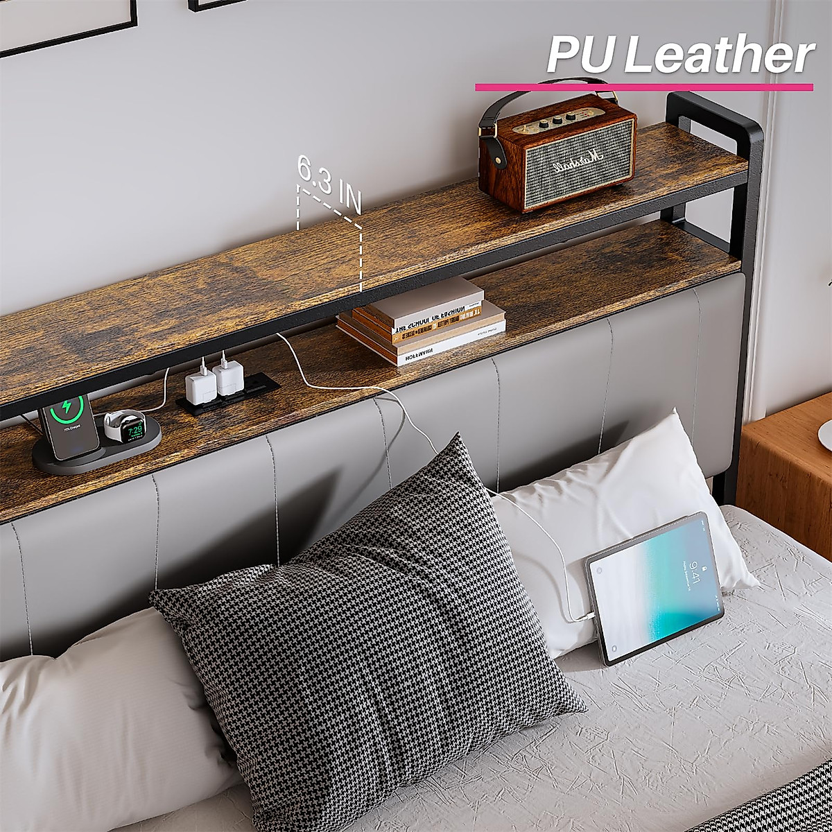 Redlife Full Size Bed Frame with 2-Tier Storage Headboard, Metal Platform Bed Frame with Charging Station & Upholstered, Noise-Free, No Box Spring Needed, Easy Assembly, Rustic Brown