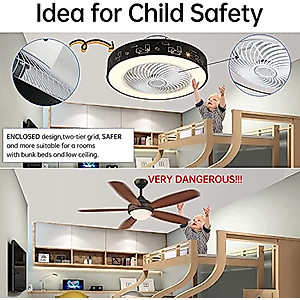 JUTIFAN Modern Enclosed Ceiling Fan with Lights Remote Control, Dimmable 3 Color Adjustable Low Profile Ceiling Fan, 1H/2H Timing, Black Ceiling Fans 72W Bladeless Ceiling Fan with Light for Kitchen