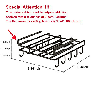 Mug Hooks Under Cabinet,Paper Towel Holder Under Cabinet,Chopping Board Organizer,No-Hole Multifunctional Stainless Steel Under Cabinet Shelf,For Kitchen Utensils,Cups,Towel,Cutting Board (Black)