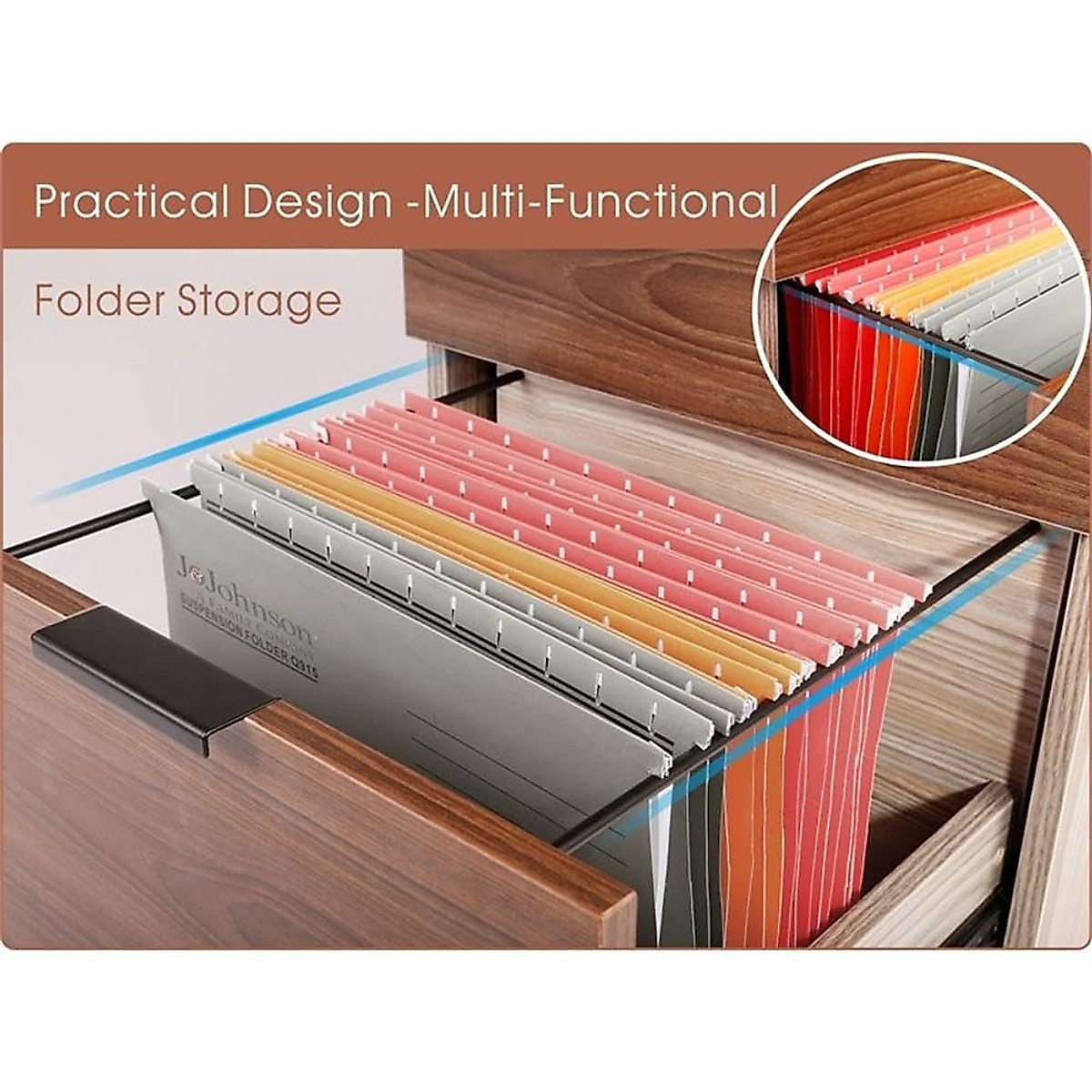 JJS 3 Drawer Rolling Wood File Cabinet with Locking Wheels, Home Office Portable Vertical Mobile Wooden Storage Filing Cabinet for Letter Size, Brown