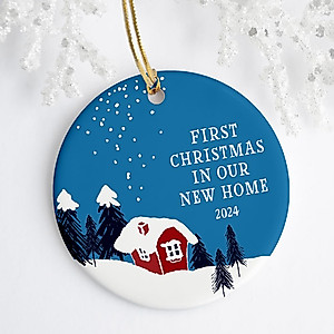 First Christmas in Our New Home Christmas Ornament, Winter Woodland Ornament, Housewarming Gift, Homeowner Present, 3 Inch Flat Ceramic Ornament with Gift Box