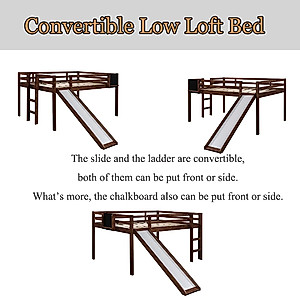 Full Size Loft Bed with Slide, Kids Low Loft Bed Frame with Chalkboard for Boys & Girls, Wood Full Slide Loft Bed with Under-Bed Space Storage (Walnut, Full)