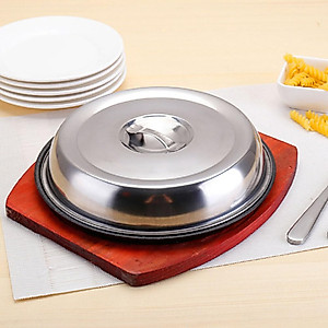 Cabilock Cast Iron Steak Plate Metal Sizzle Griddle with Wooden Base and Cover Foodservice Platter Steak Pan Grill Server Plate for Household Restaurant