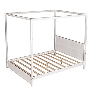 LCH Queen Size Wooden Platform Bed Frame with Headboard and Support Legs for Bedroom, White