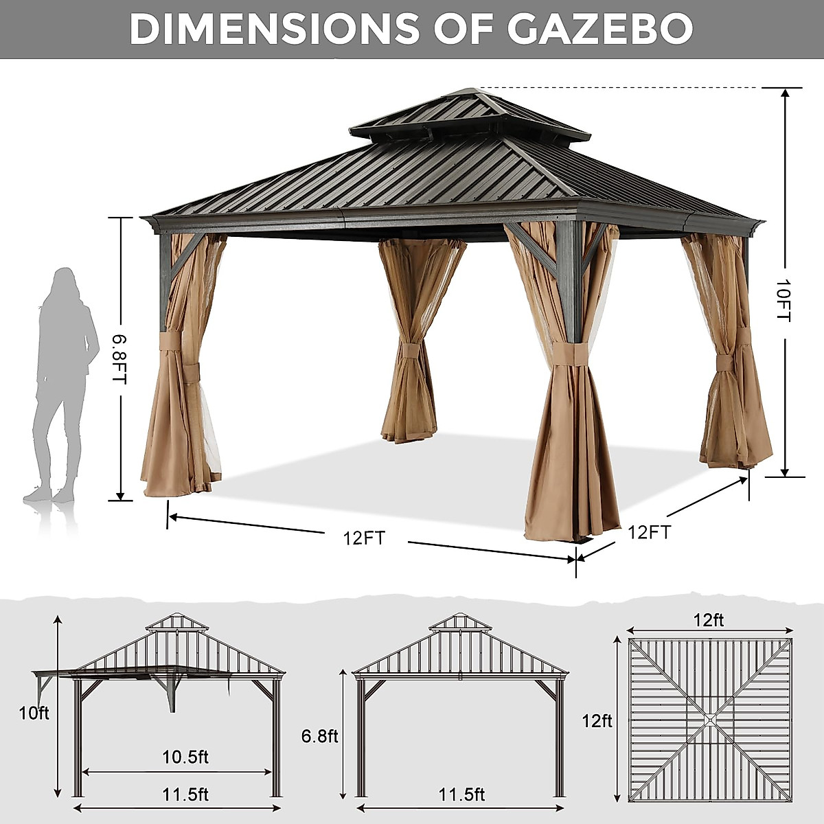 ABCCANOPY Hardtop Gazebo 12x12 - Outdoor Metal Hard Top Gazebo, Permanent Galvanized Steel Aluminum Framed Pavilion with Netting and Curtain for Patio Backyard Lawn Garden (Double Roof, Khaki)
