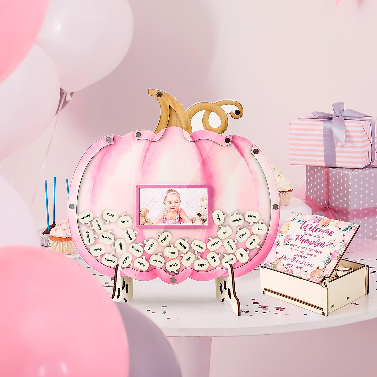 YLOLUL 62 Pcs Pumpkin Baby Shower Guest Book Alternatives Set Fall Baby Shower Guestbook Photo Frame with Wood Pumpkin Slices Rustic Guest Book Alternative for Baby Boy Birthday Party (Pink)