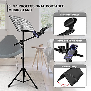Sheet Music Stand - 3 IN 1 Professional Portable Music Stand with Folding Tray, Detachable Microphone Stand, Phone Holder and Carry Bag, Dual-Use Music Stand for Sheet Music & Projector Stand