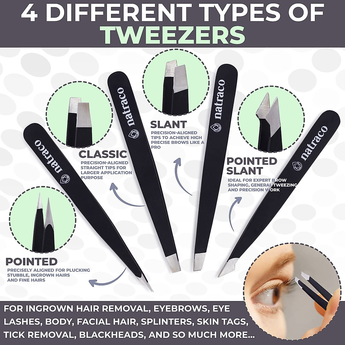 Natraco Tweezer Set - Slanted & Pointed Stainless Steel Professional Tweezers for Eyebrows - Sharp Precision for Facial Hair, Splinters, and Tick Remover – 4 Pack, Black