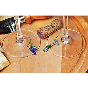 Wine and Grapes Wine Glass Charms, Drink Markers-Charms for Wine Glasses-Set of 6 with Sateen Storage Bag by Cork & Leaf