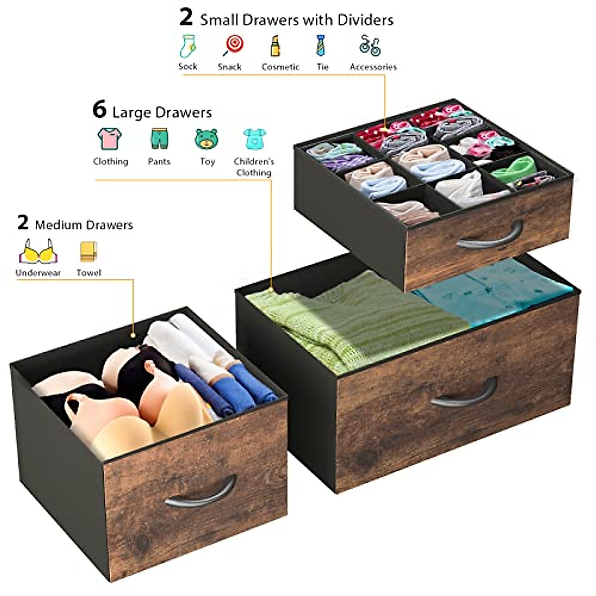 Himusi Dresser for Bedroom with 10 Drawers, Fabric Storage Tower with Side Pockets, Tall Chest of Drawers for Nursery, Hallway, Closets (Rustic Brown)