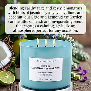 Sage Lemongrass Garden Scented Candle | Refreshing Lemongrass Candle for House Cleansing | Natural 3 Wick Soy Candle 15.8 oz | Aromatherapy Relaxing Candle for Women & Men | Clean Burn Scented Candle