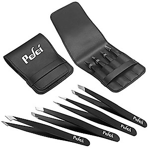Pefei Tweezers Set - Professional Stainless Steel Tweezers for Eyebrows - Great Precision for Facial Hair, Splinter and Ingrown Hair Removal (Black)