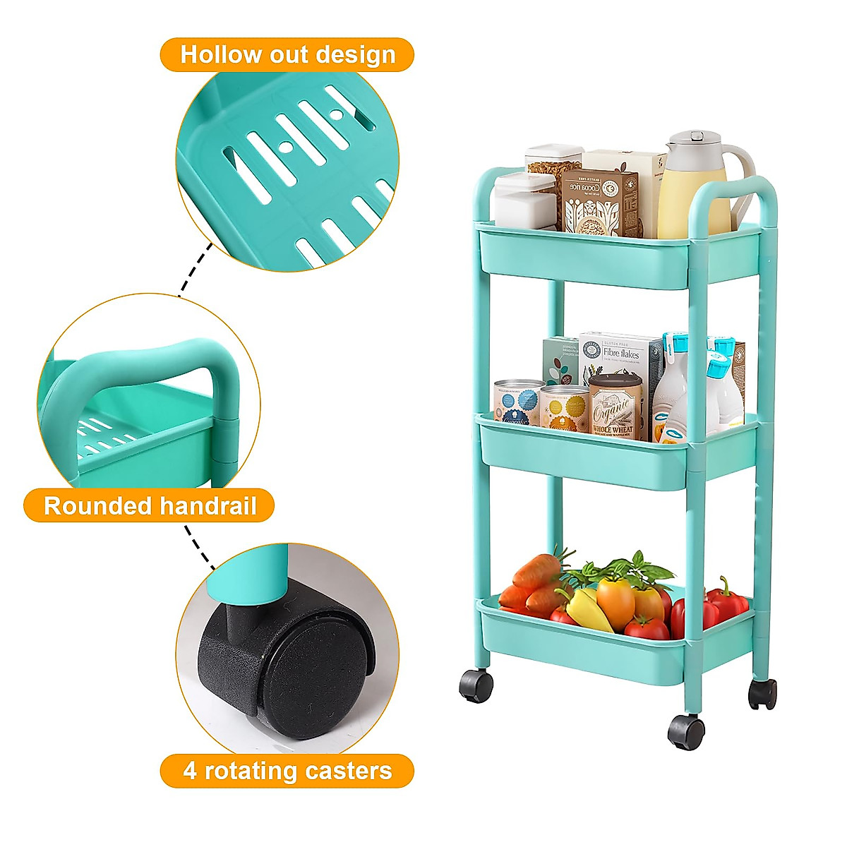 3 Tier Utility Rolling Cart with Handle, Multifunctional Storage Organizer Rolling Carts with Wheels for Bathroom Office Living Room (Green)