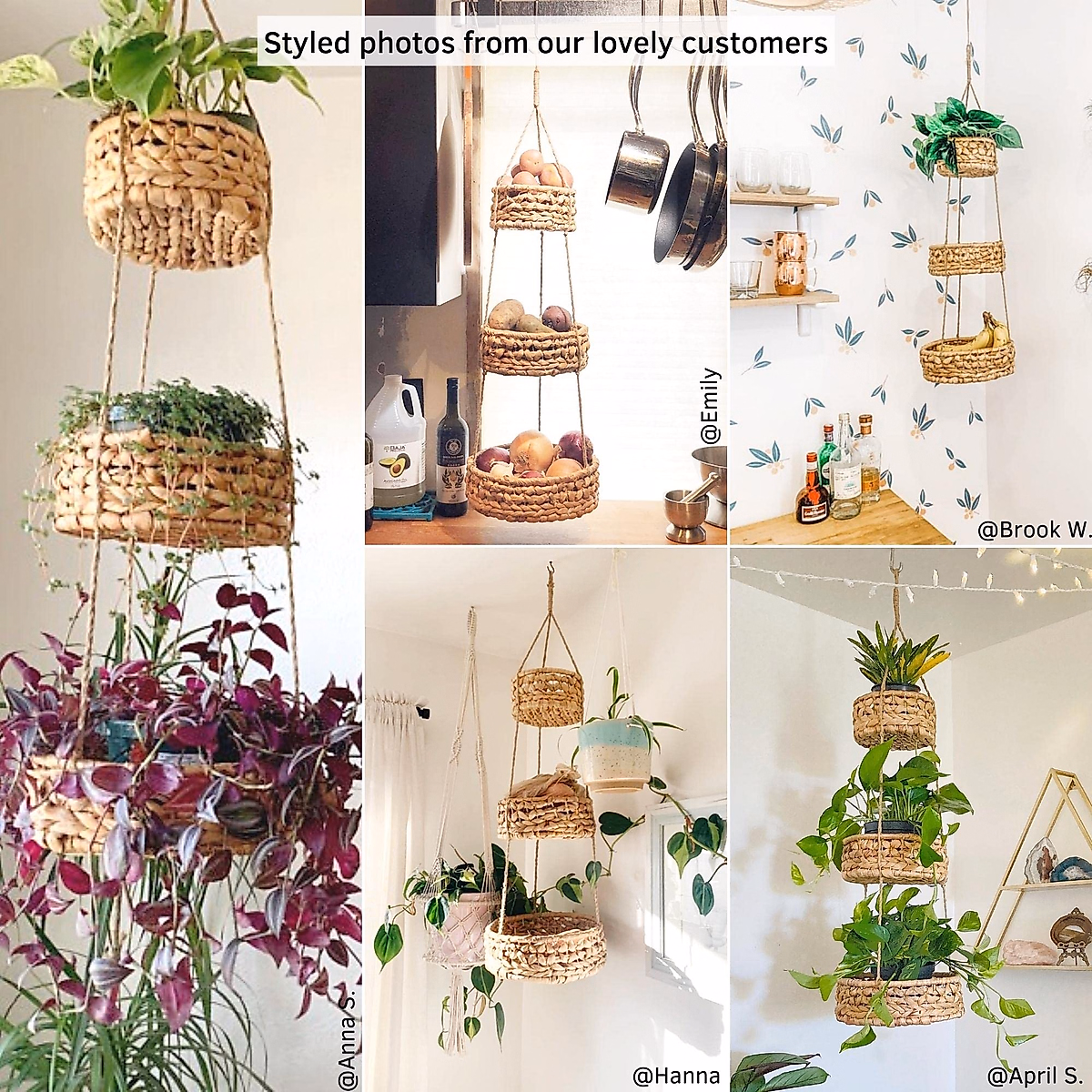 Hanging Fruit Basket 3 Tier for Kitchen, Handmade Natural Rattan Handwoven Wicker Seagrass Woven Wall Baskets Vegetable Organizer Produce Fruit Holder Counter Space Saver Storage Boho Hanging Planter