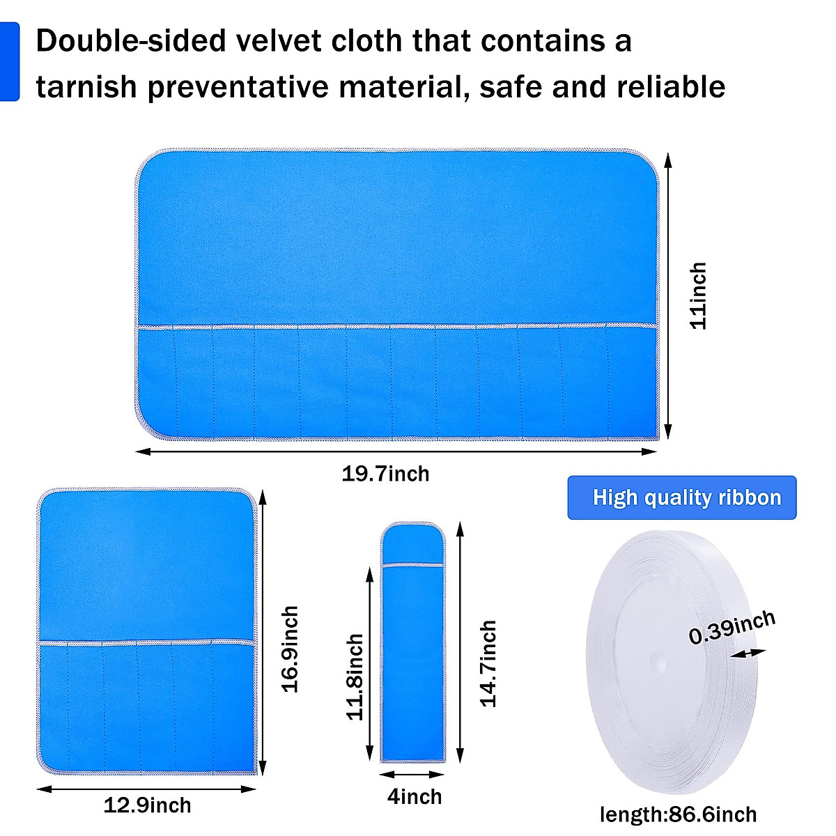 17 Pieces Silver Storage Bags Anti Tarnish Silver Protector Bags Silverware Bags Blue Holder for Silverware Place Setting Roll Flatware Storage Organizer with White Ribbon for Utensils, 3 Styles