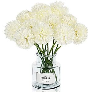 Tinsow 12 Pcs Artificial Flowers Faux Ball Chrysanthemum Bouquet Silk White Flowers Bridal Wedding Bouquet for Home Garden Party Wedding Decoration (White, 12)