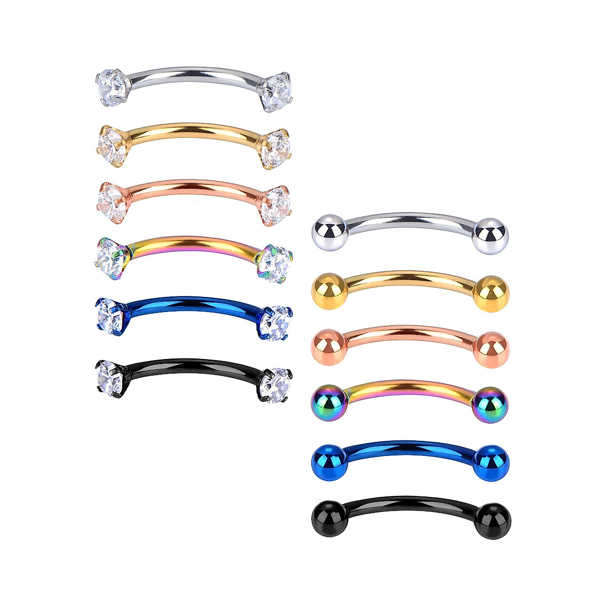 Mudder 12 Pieces 16 Gauge Stainless Steel Belly Lip Ring Eyebrow Studs Cartilage Tragus Cubic Zirconia Barbell Body Piercing, 2 Styles