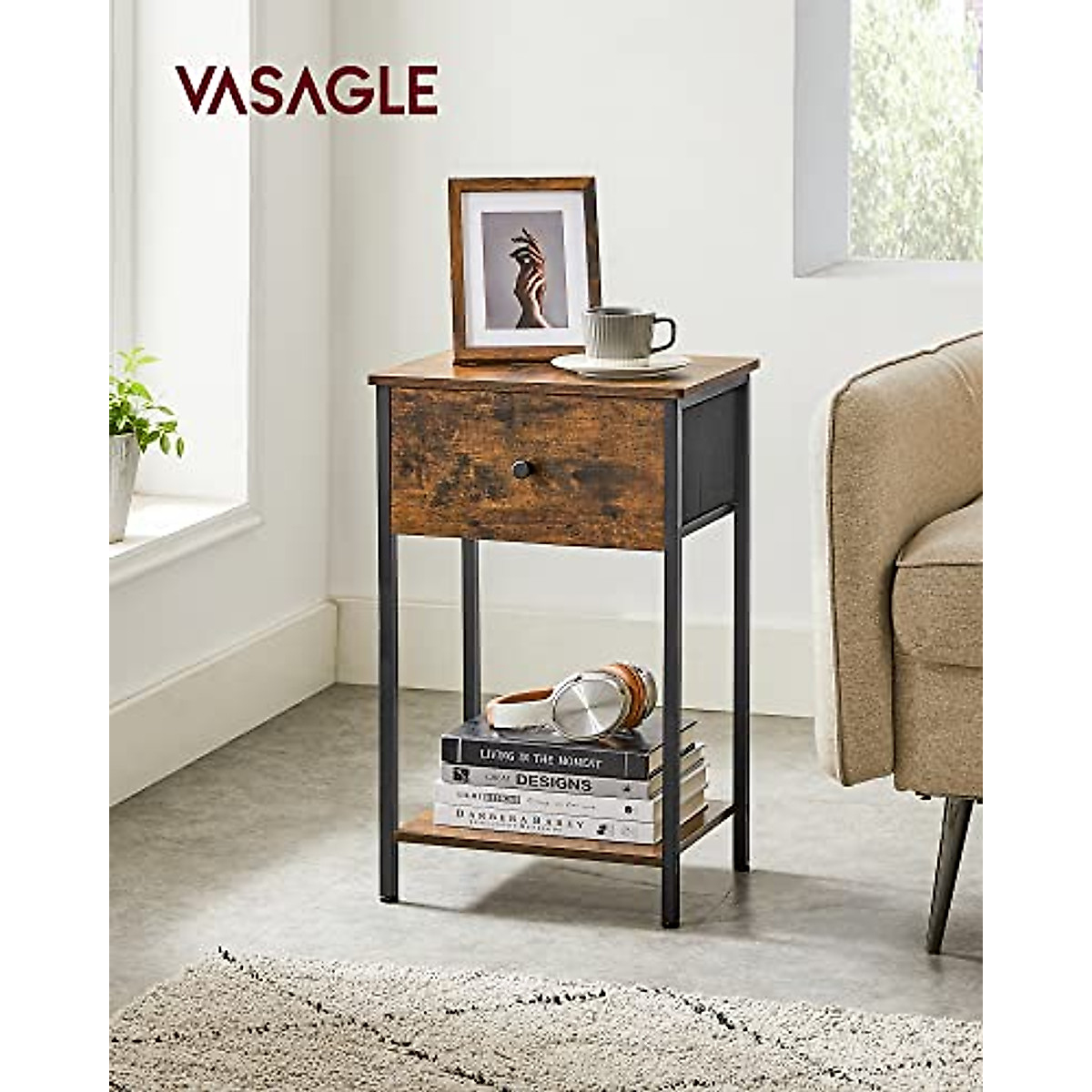 VASAGLE Nightstand with Drawer, End Table, Bed Side Table, Small Table, Tall Night Stand with Fabric Storage and Shelf for Bedroom, Dorm, Easy Assembly, Rustic Brown and Black ULGS021B01
