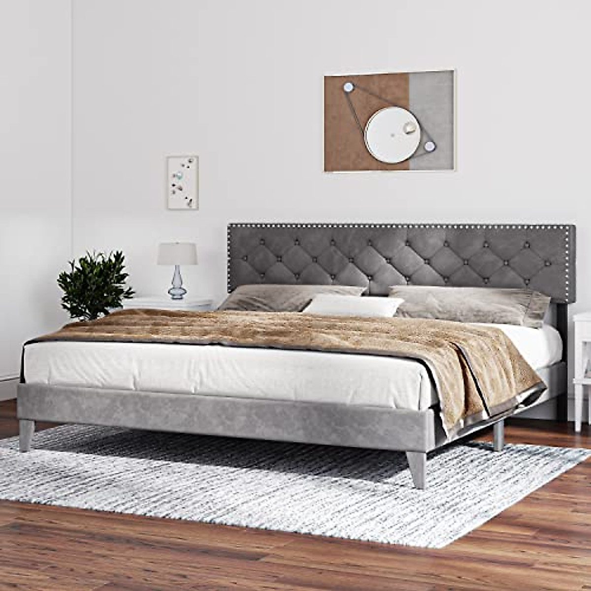 Catrimown King Size Bed Frame with Adjustable Headboard, Modern Velvet Upholstered Platform Bed Frame, Wooden Slat Support, Mattress Foundation, No Box Spring Needed, Easy Assembly, (Grey, King)