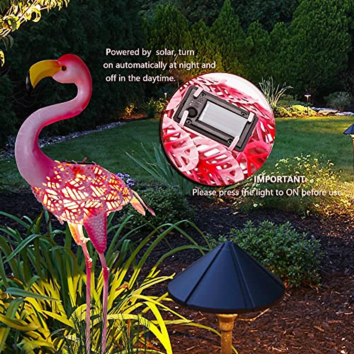 Glintoper Solar Flamingo Outdoor Garden Statues, Pink Flamingo Metal Figurine Lights, Solar Powered Decorative Birds Yard Sculptures Art for Landscape Patio Yard Walkway Pathway Lawn